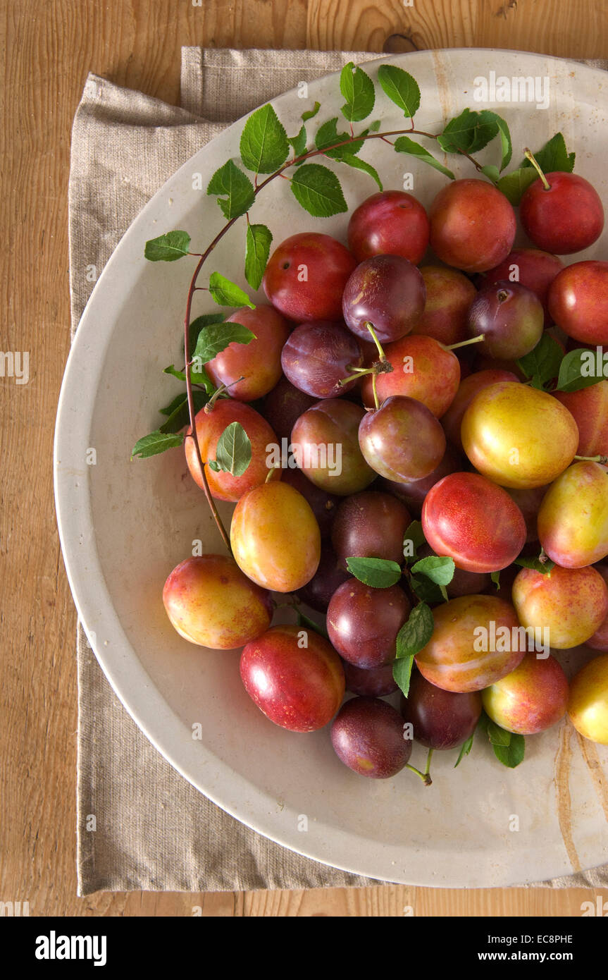 Selection of plums on traditional old kitchen scales hi-res stock ...