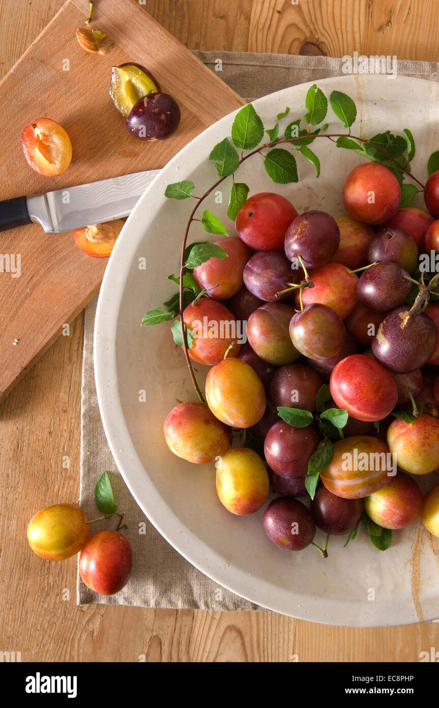 Selection of plums on traditional old kitchen scales hi-res stock ...
