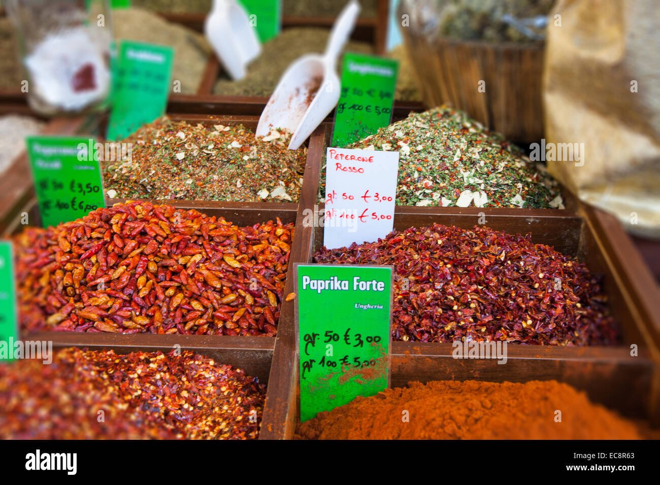 Close-up of different types of Assorted Spices in a wooden box Stock ...