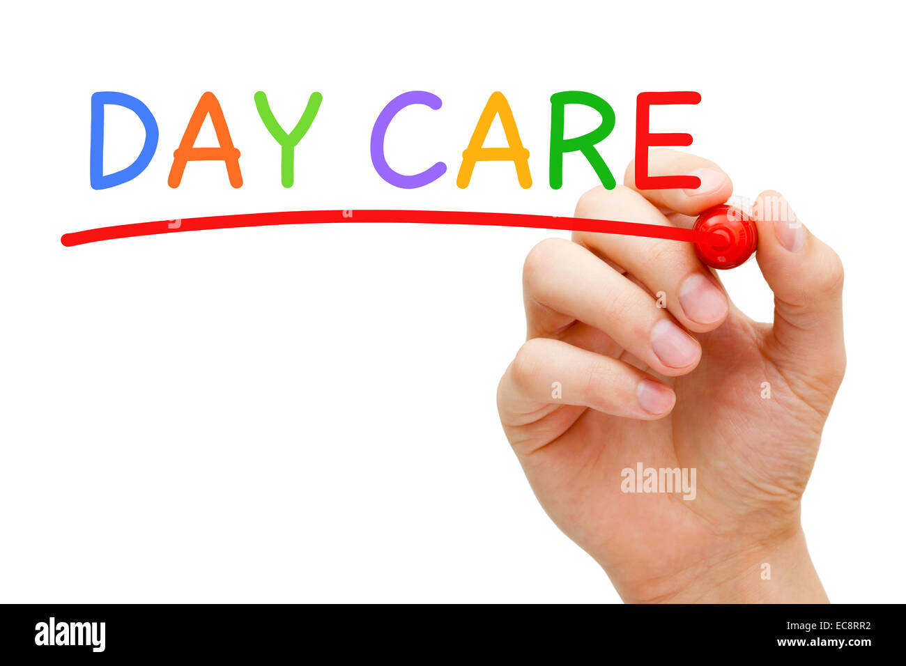 Hand writing Day Care with marker on transparent wipe board isolated on ...