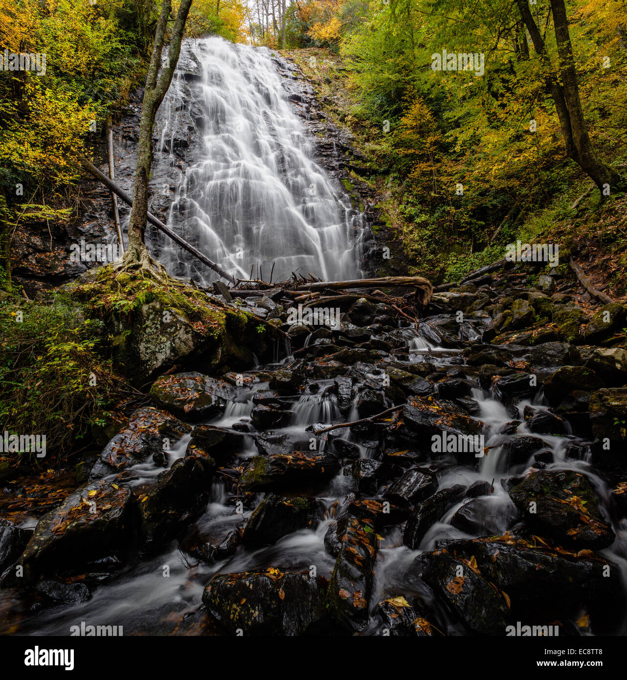 Crabtree Falls surrounded by autumn foliage; the trail starts at ...