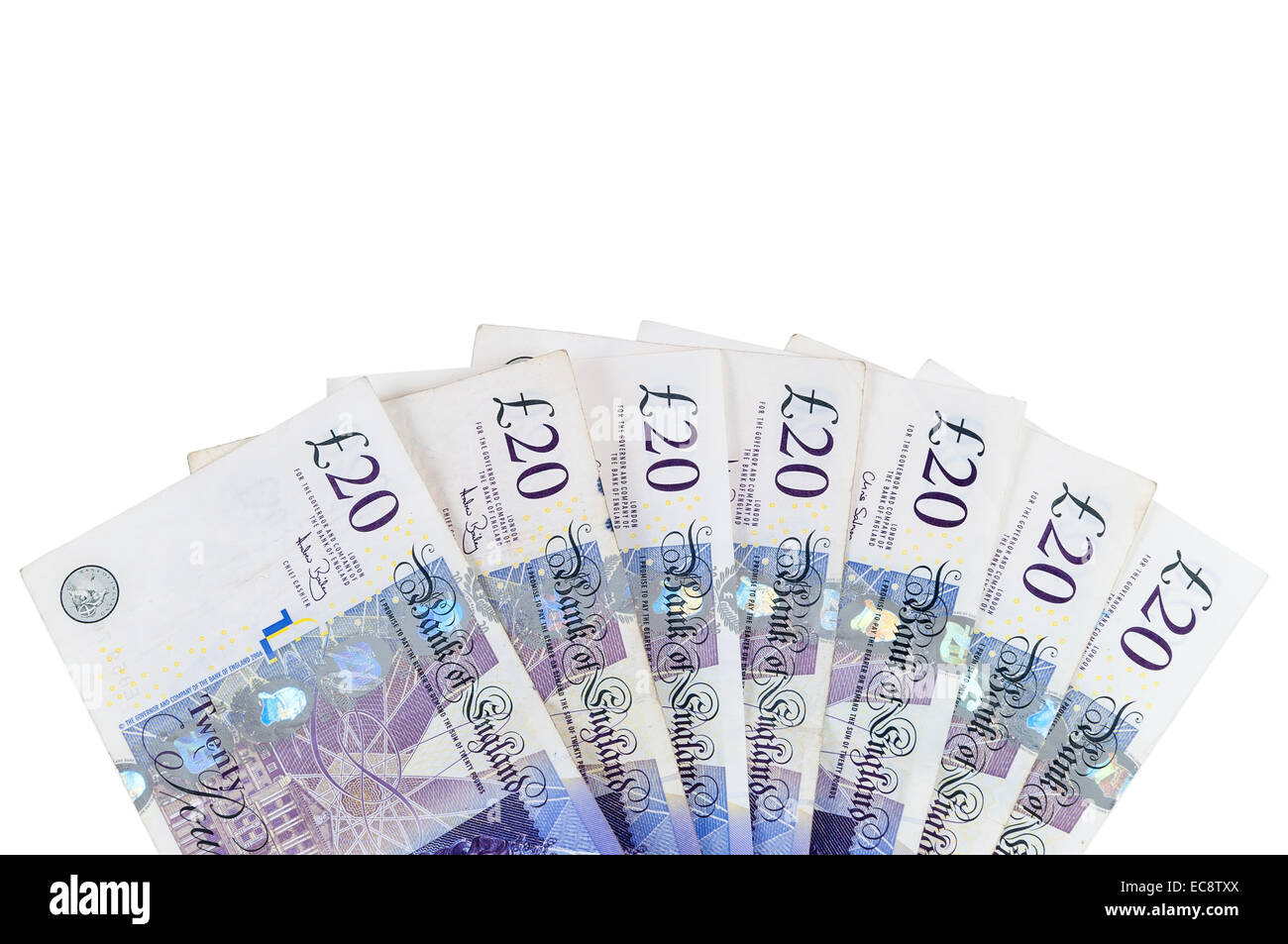 Banknotes of 20 english pounds isolated on white background with ...