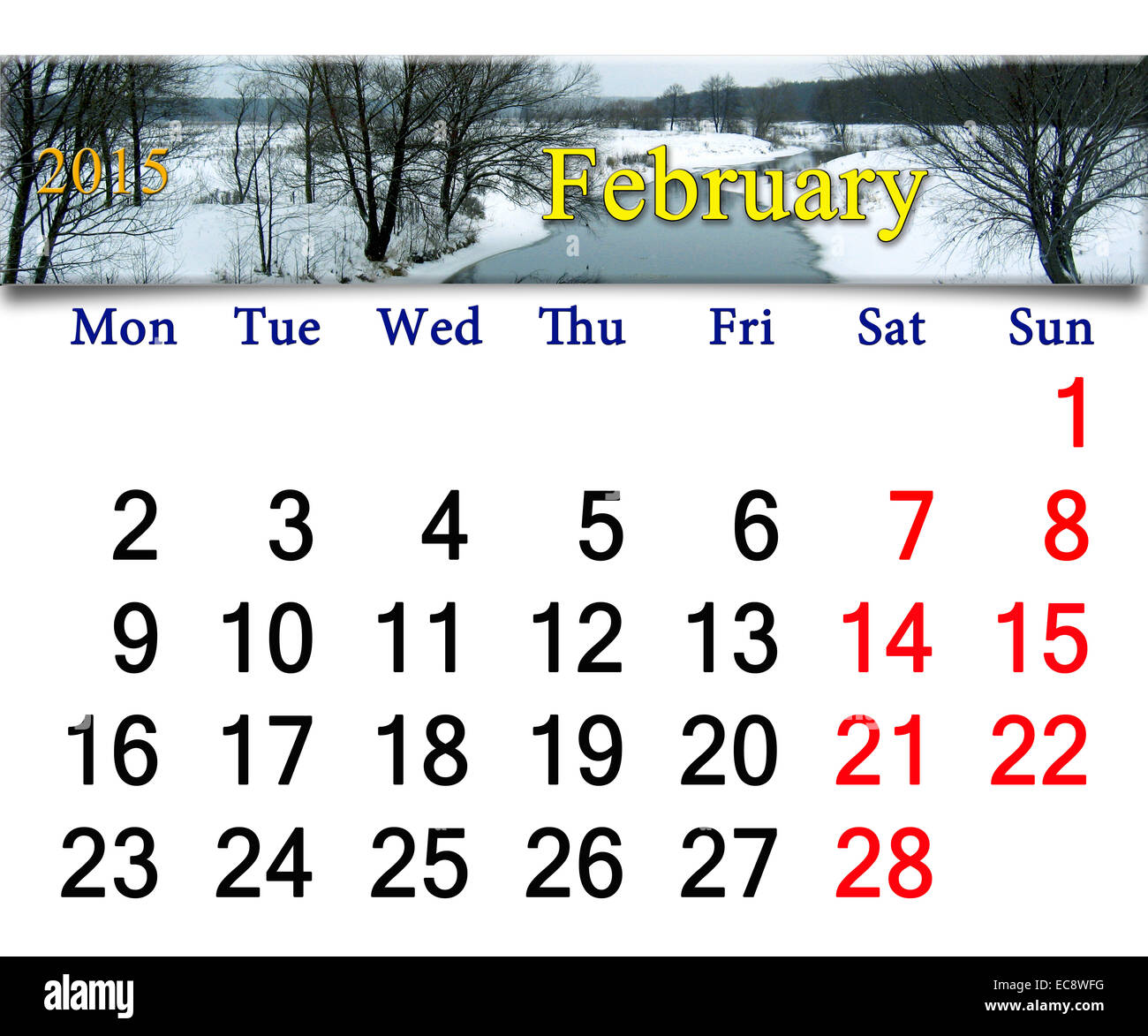 beautiful calendar for the February of 2015 with winter river Stock ...