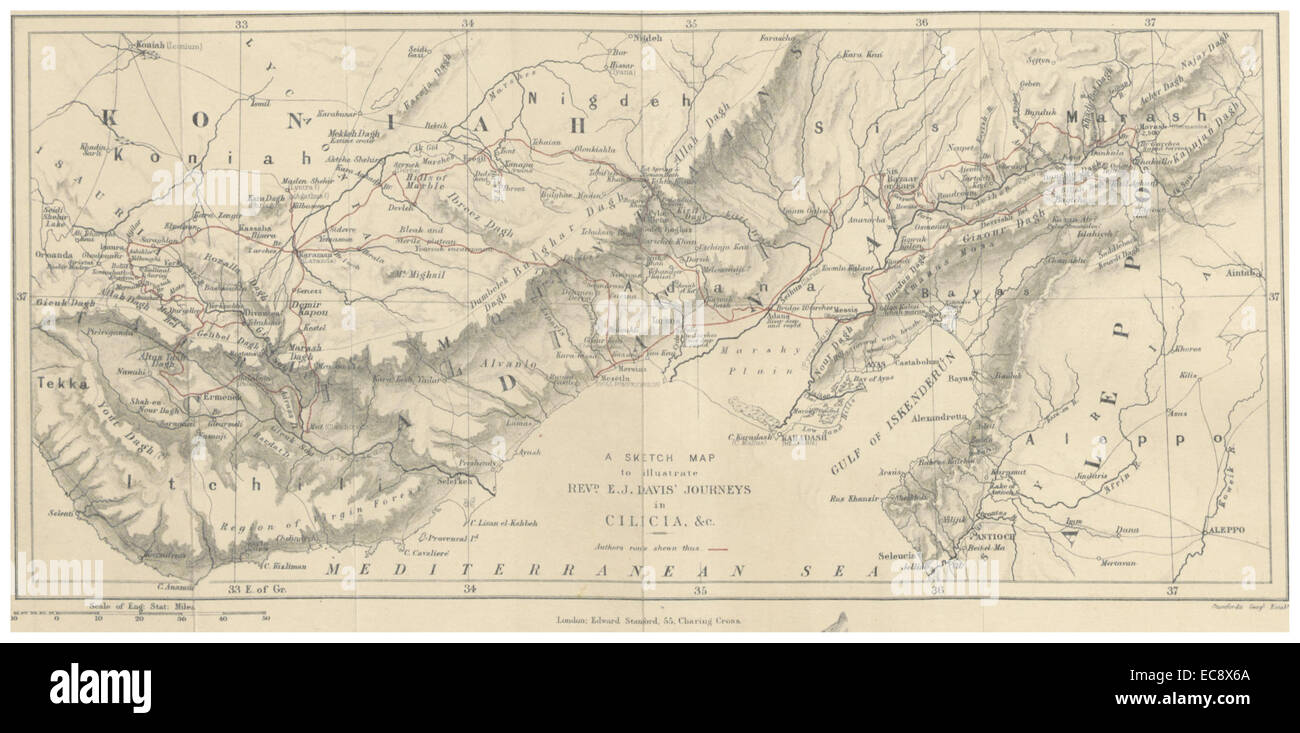 A 1879 route map by Davis illustrating his journeys through Cilicia ...