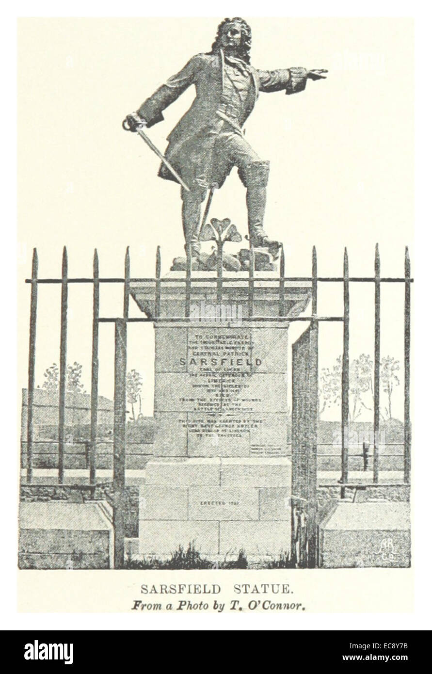 A 1890 illustration of the Sarsfield Statue, likely honoring Patrick ...