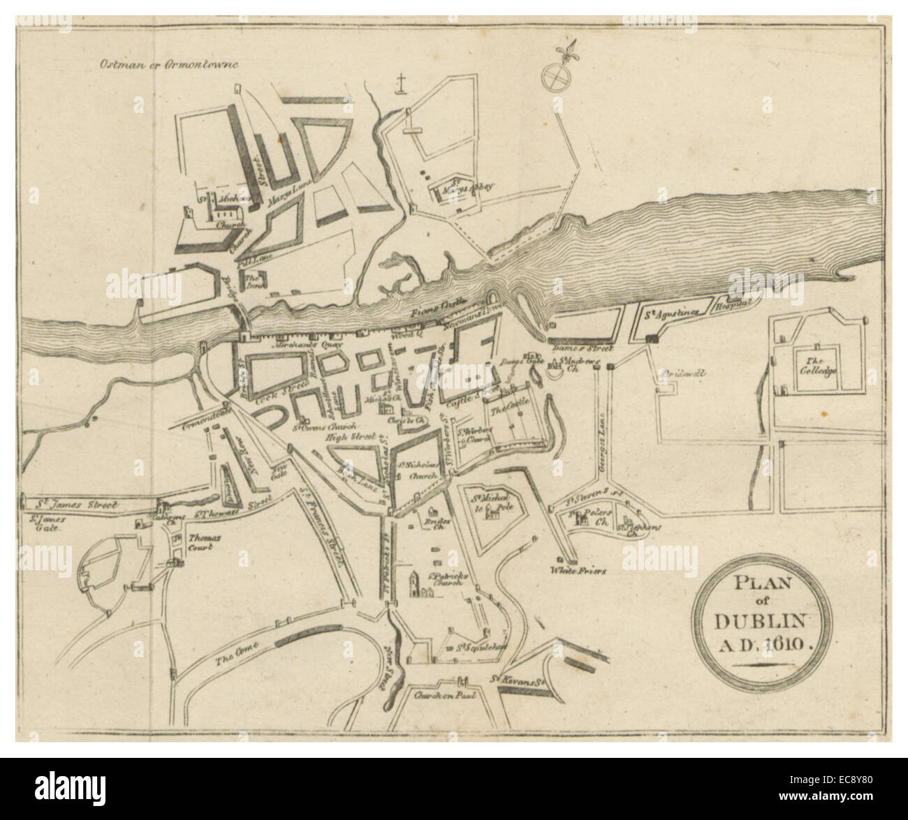 This 1811 map presents a plan of Dublin from 1610, showing the layout ...