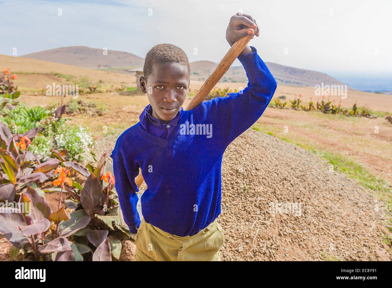 An African student farmer on farmland that is a part of a local school ...