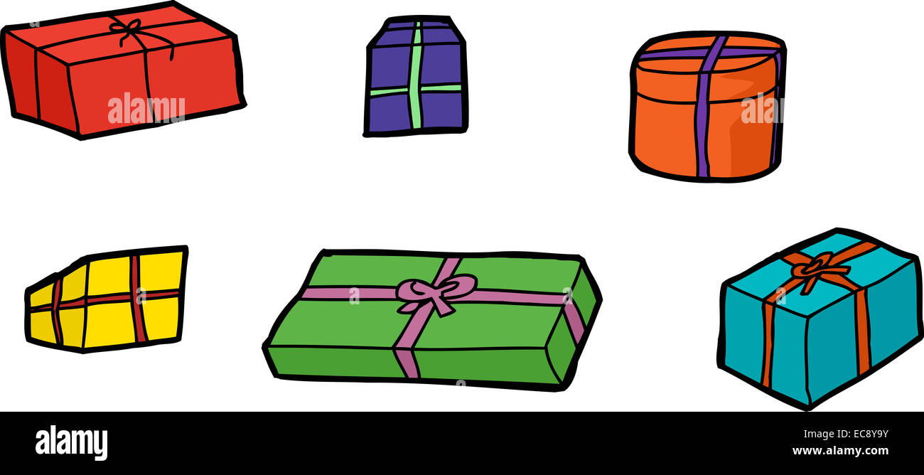 Six hand drawn cartoon gift boxes over white background Stock Photo - Alamy