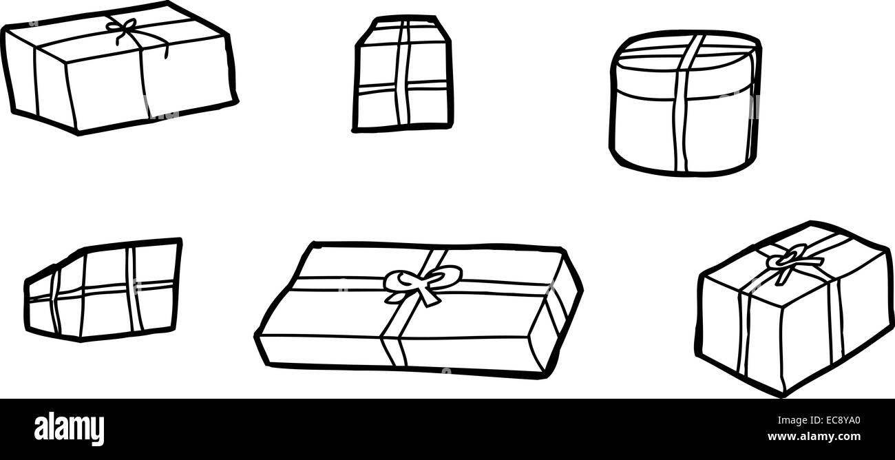 Six outline cartoon gift boxes over white background Stock Photo - Alamy