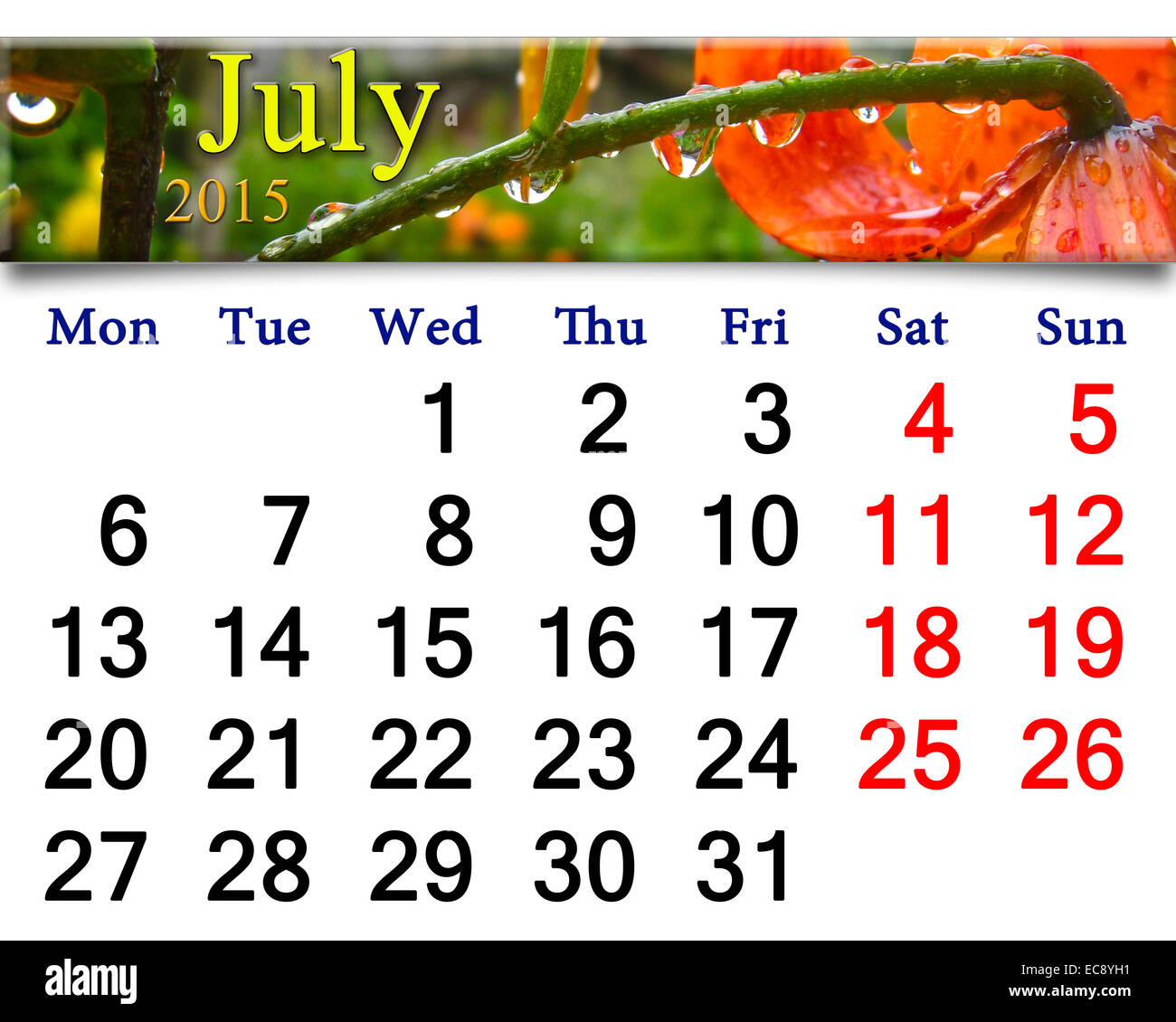 calendar for the July of 2015 with drops of water on red lilies Stock ...