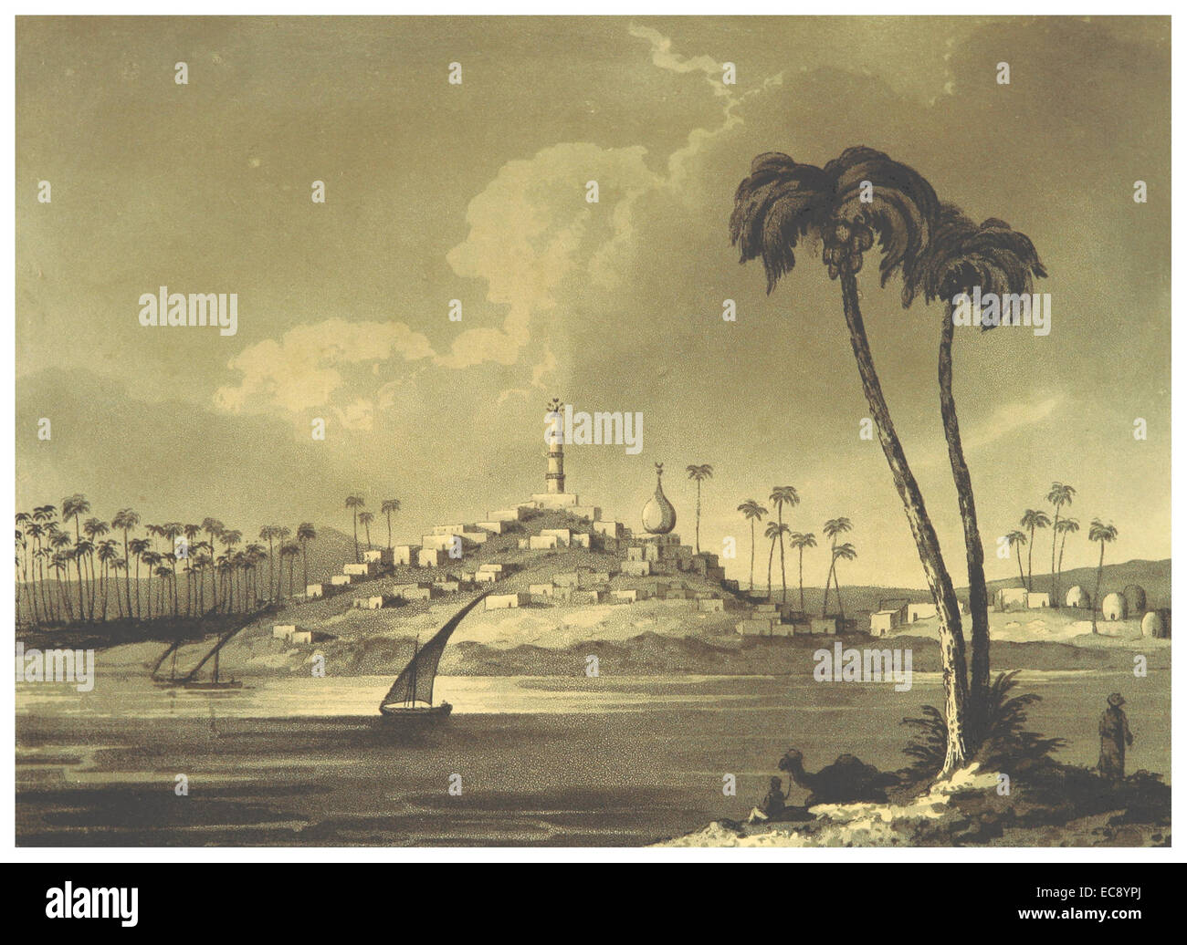 An 1803 illustration showing the town of Rosetta and the Nile River ...