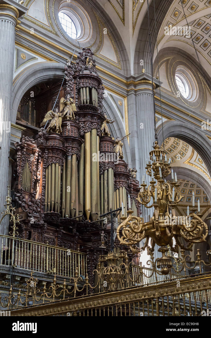 Ornate pipe organ in the Cathedral of Puebla, a 16th century, Roman ...