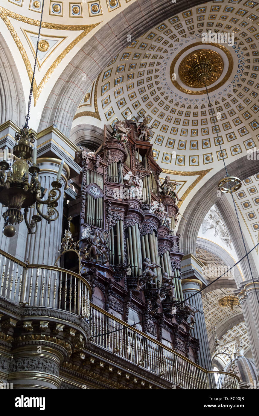 Ornate pipe organ in the Cathedral of Puebla, a 16th century, Roman ...