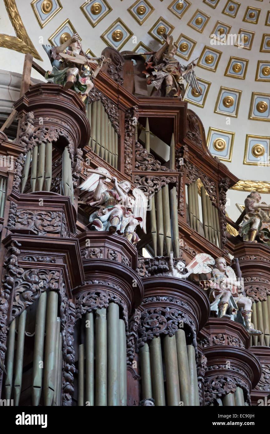 Ornate pipe organ in the Cathedral of Puebla, a 16th century, Roman ...