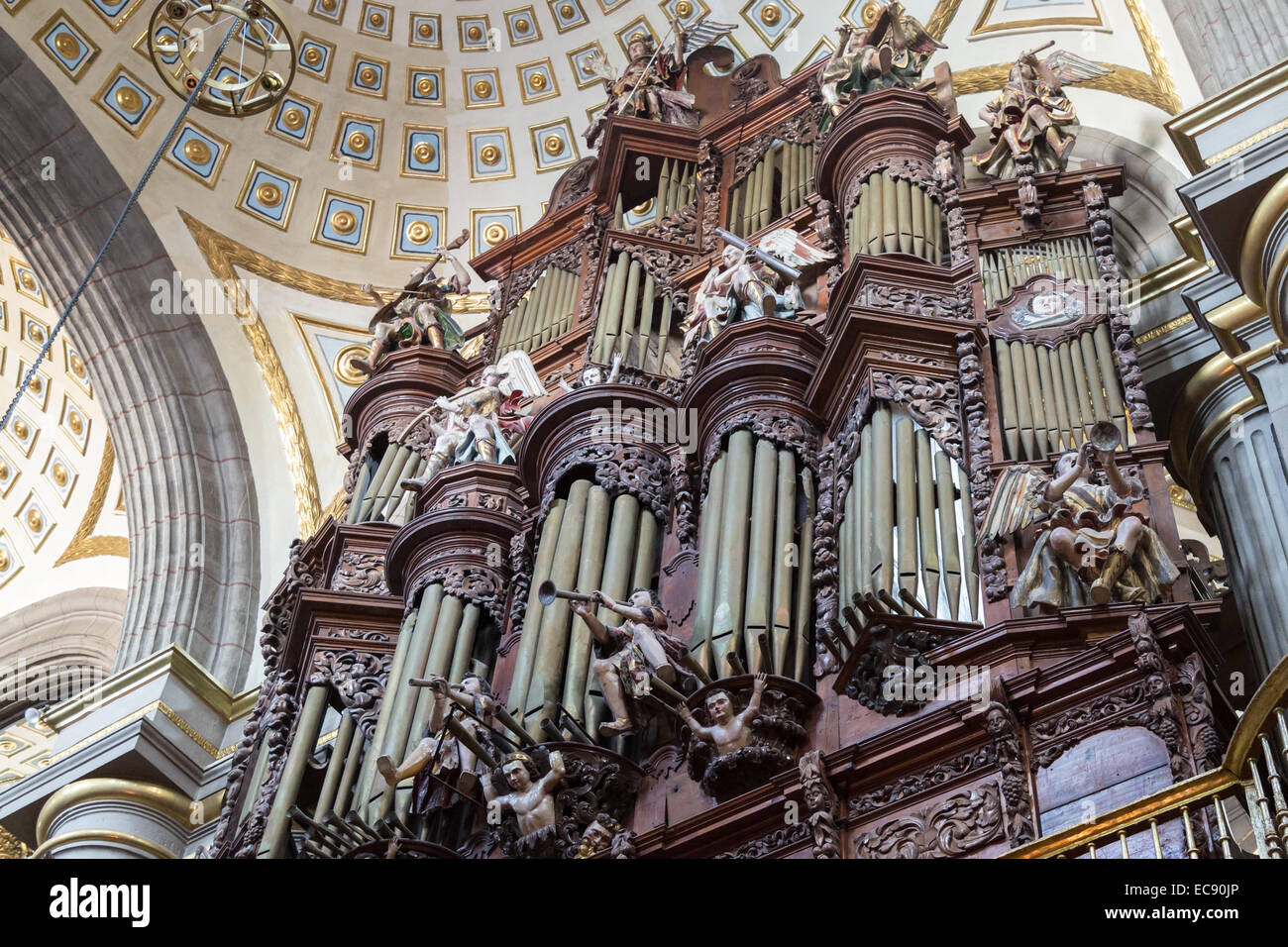 Ornate pipe organ in the Cathedral of Puebla, a 16th century, Roman ...