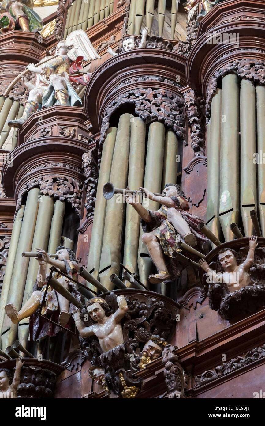 Ornate pipe organ in the Cathedral of Puebla, a 16th century, Roman ...