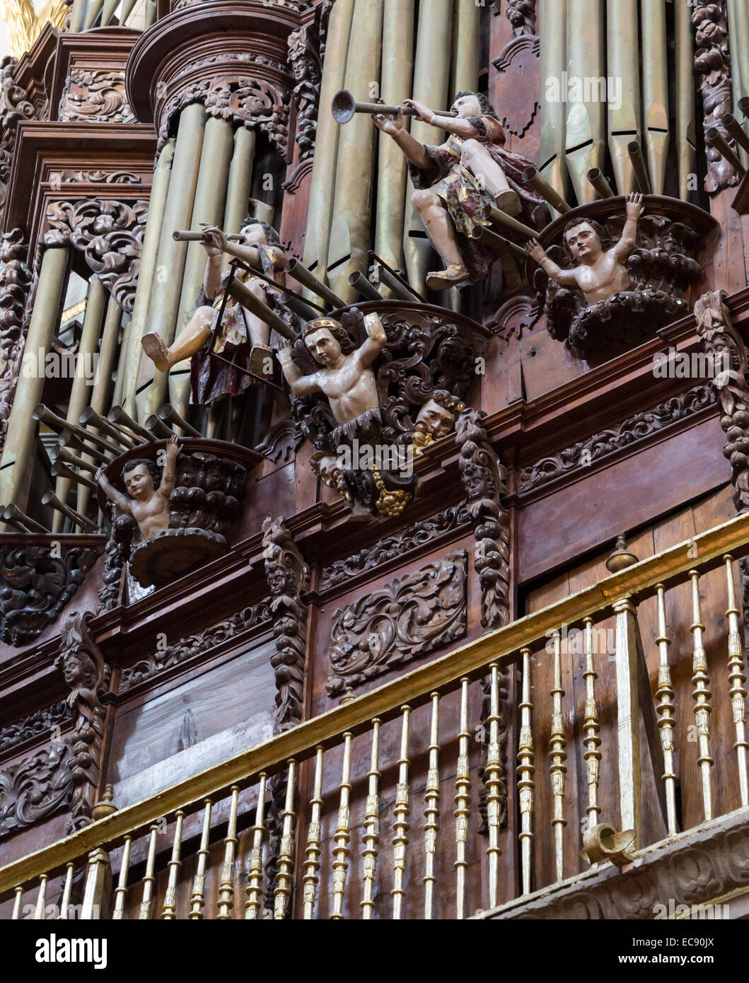 Ornate pipe organ in the Cathedral of Puebla, a 16th century, Roman ...
