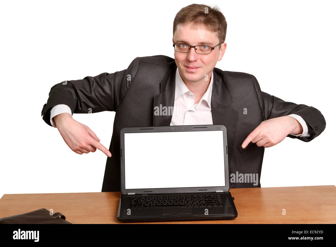 Office worker holding blank computer monitor with clipping path for the ...