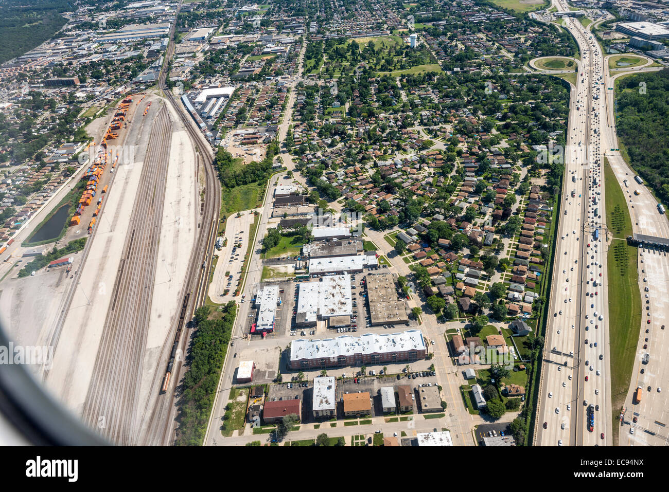 plane flying american airlines usa airport chicago aerial view Stock ...