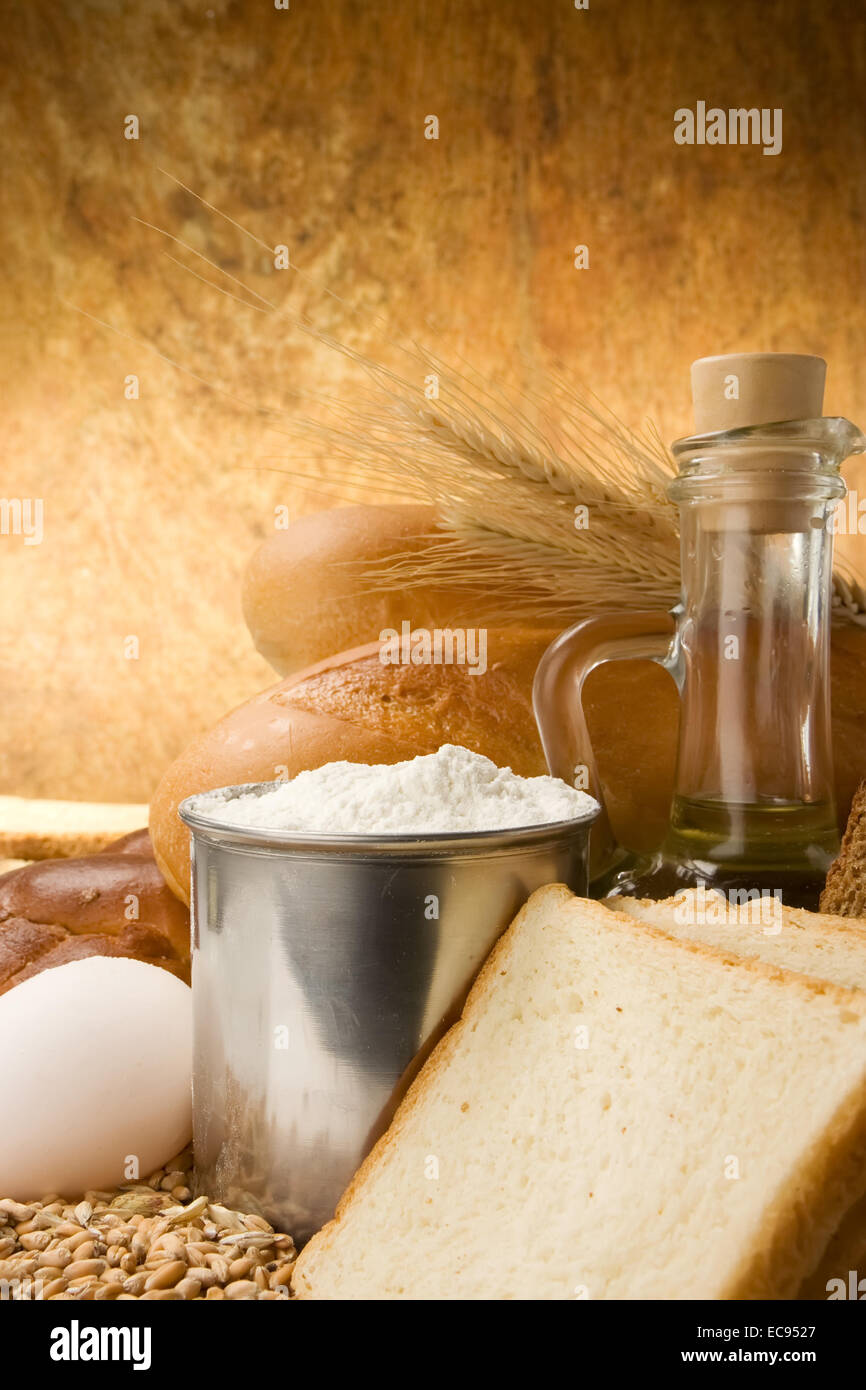 set of bakery products on table on texture Stock Photo - Alamy
