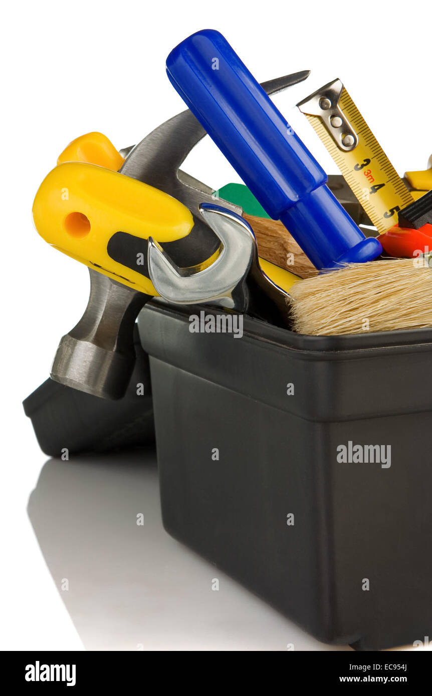 set of tools and instruments in black plastic box isolated on white ...