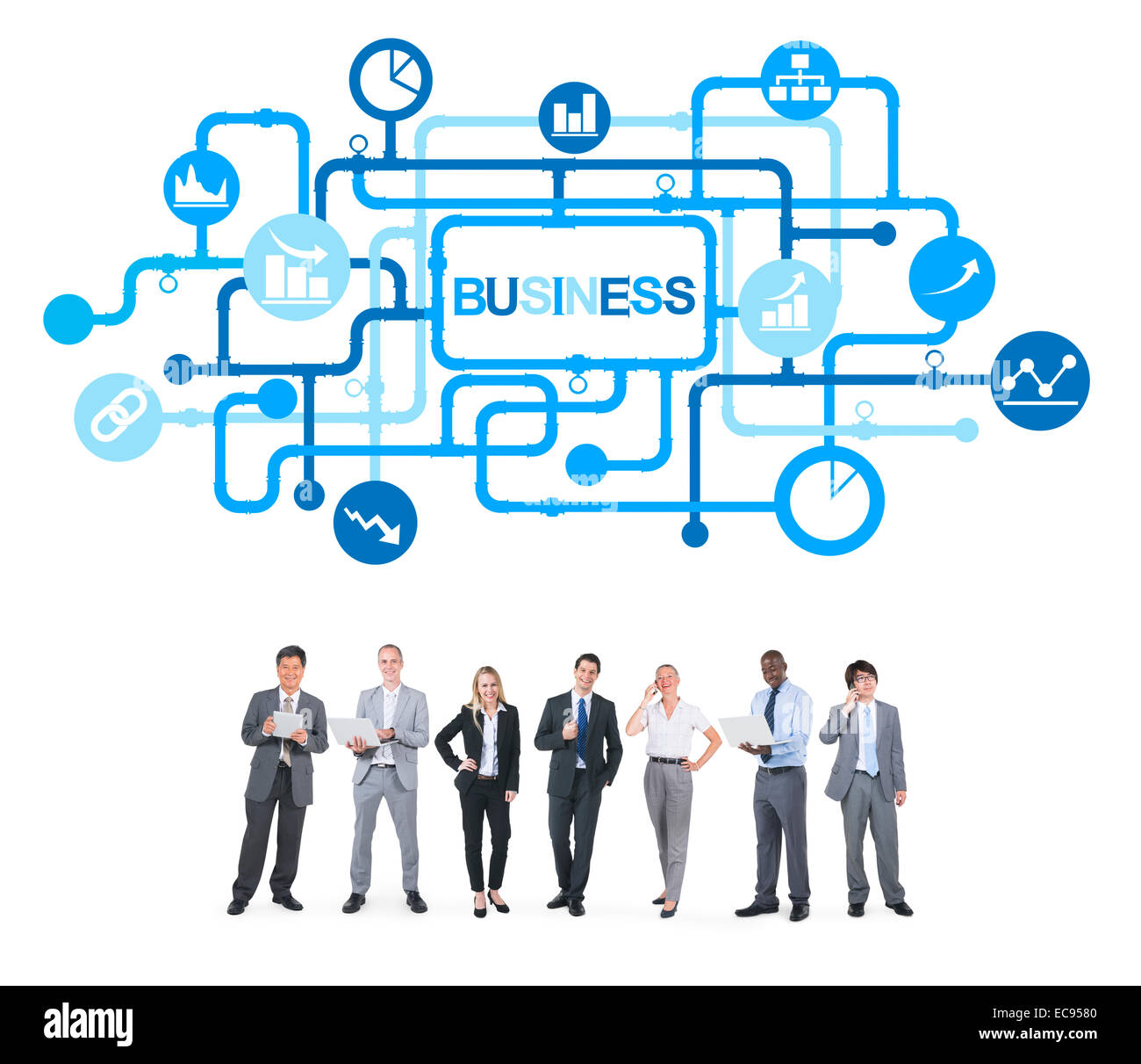 Group of Business People holding Devices with Pipeline Above them ...