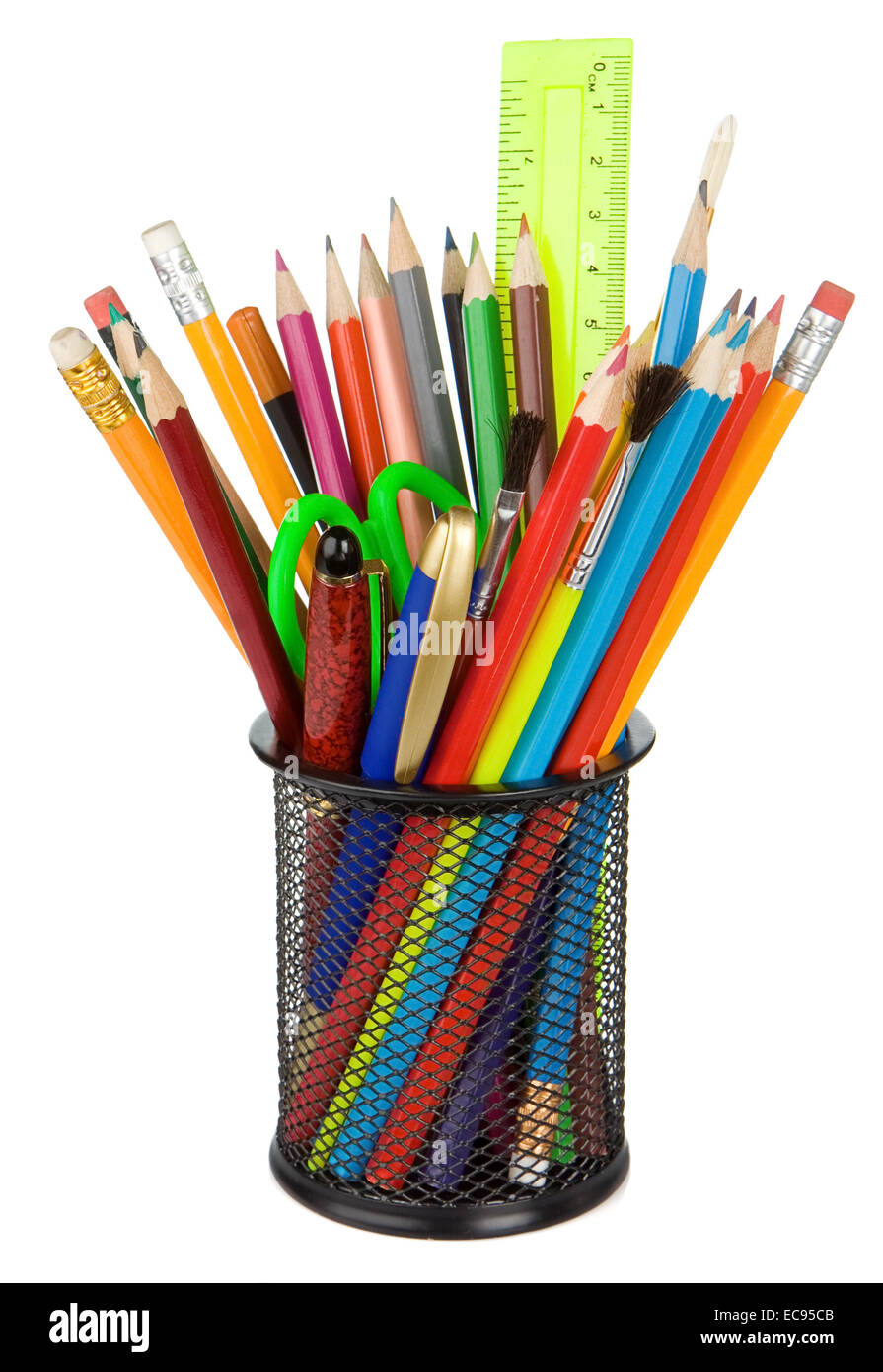 set of school accessories in holder isolated on white background Stock ...