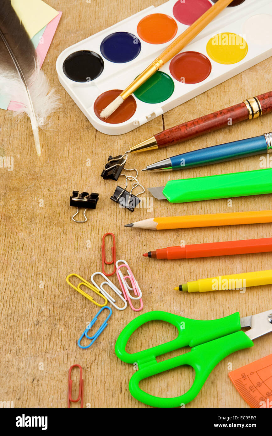 school accessories on wooden textured table Stock Photo - Alamy