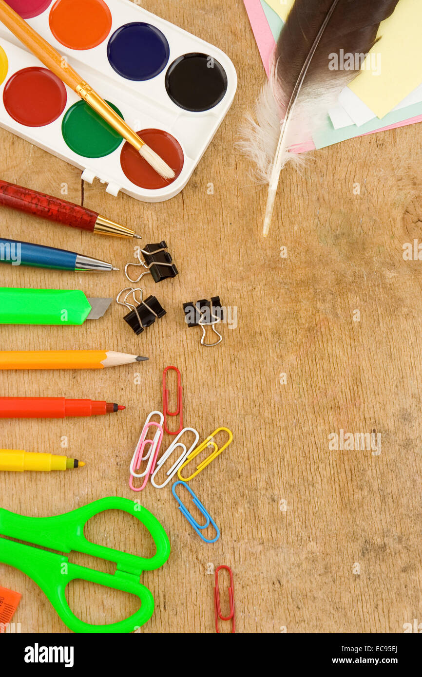 school accessories on wooden table Stock Photo - Alamy