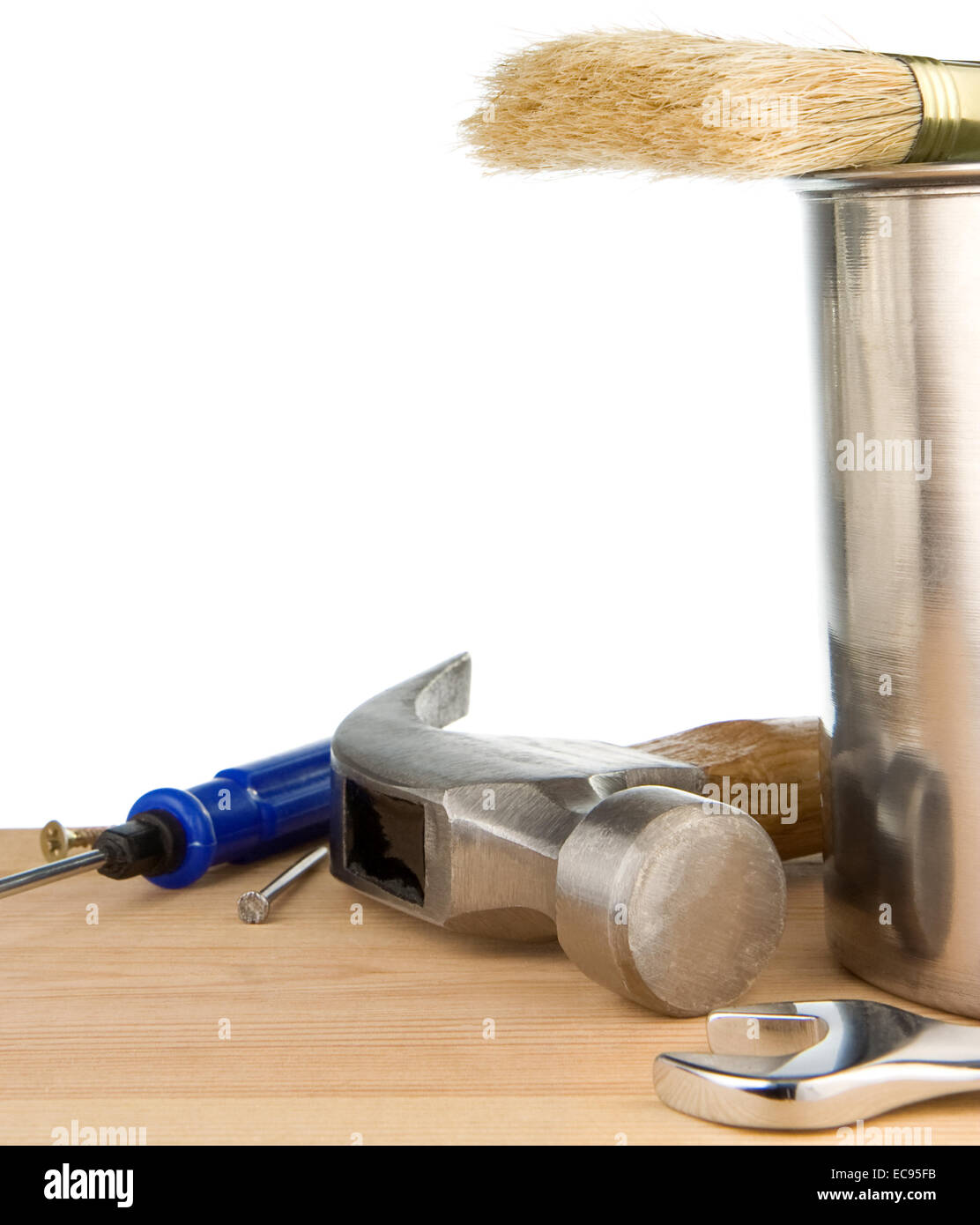 tools and instruments on wooden board isolated at white background ...