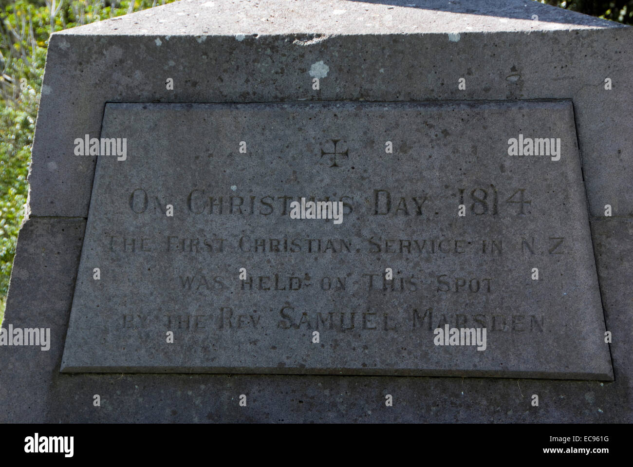 Plaque on the cross commemorating the first sermon in New Zealand by ...