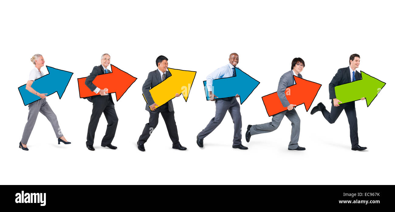 Business People with Arrow Sign Running Forward Stock Photo - Alamy