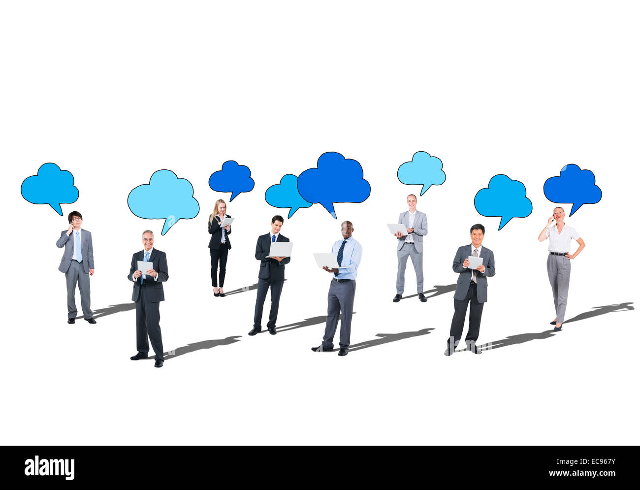 Business People with Technologies and Speech Bubbles Stock Photo - Alamy