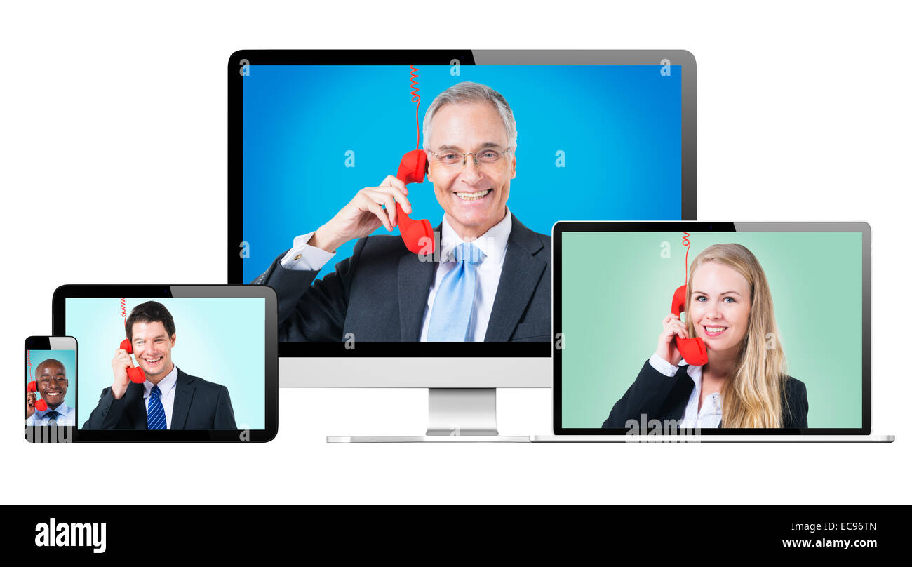 3D Collection of Digital Devices with Global Communications Concept ...
