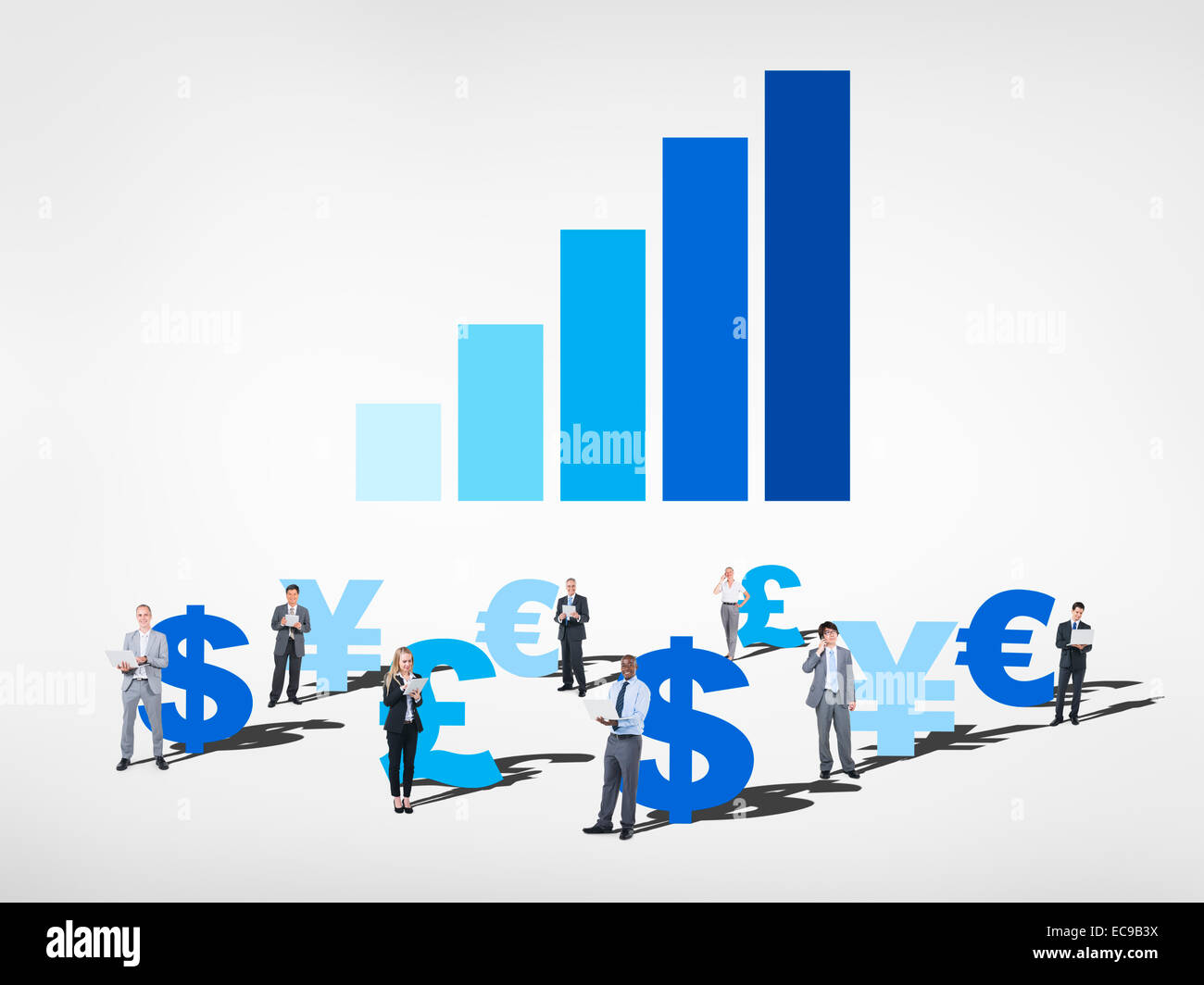 Business People Representing Global Currency and Bar Graph Above Stock ...