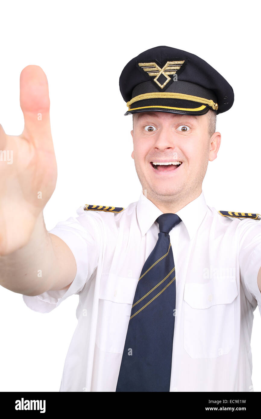 joyful young pilot with outstretched hands Stock Photo - Alamy