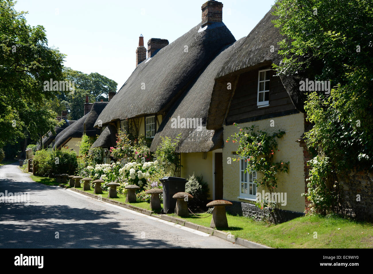 Thatched and whitewashed cottages in village of Wherwell in Hampshire ...