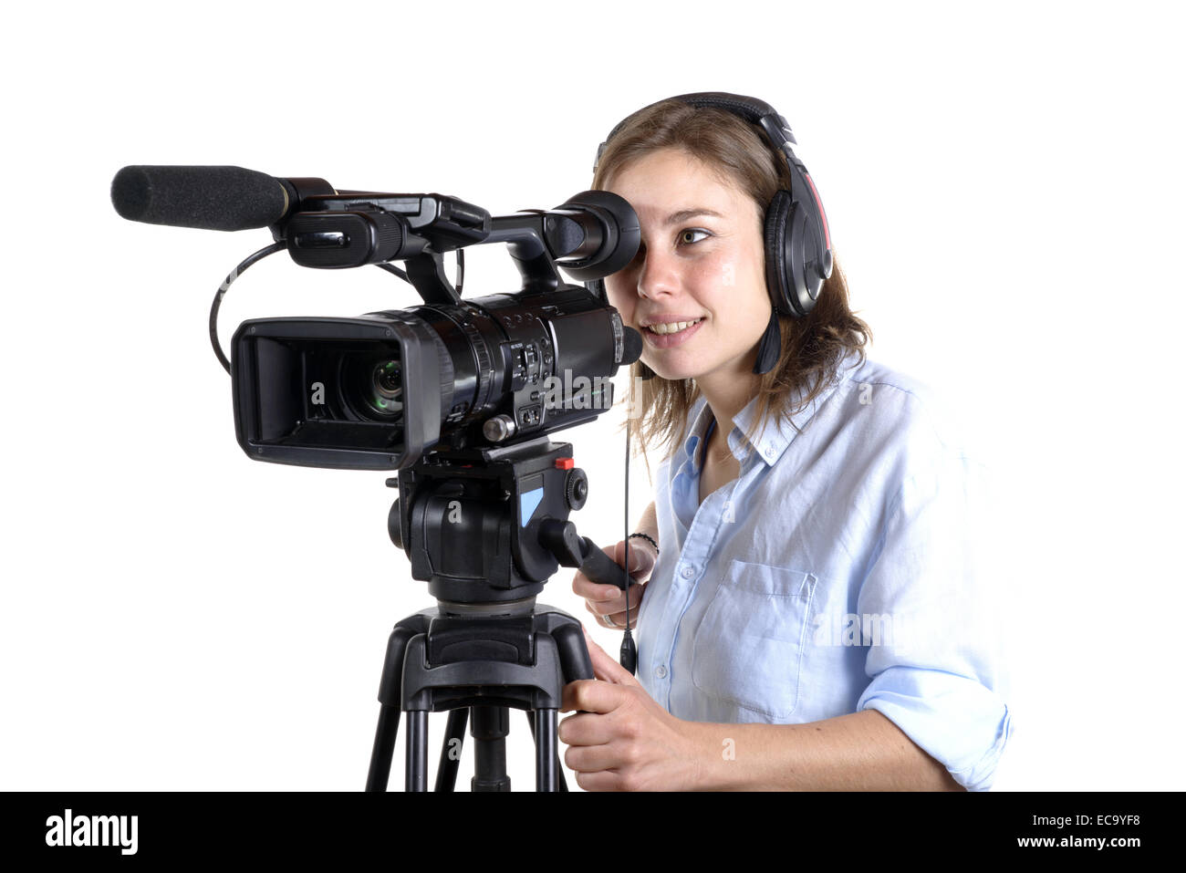 pretty woman with camera on white background Stock Photo - Alamy