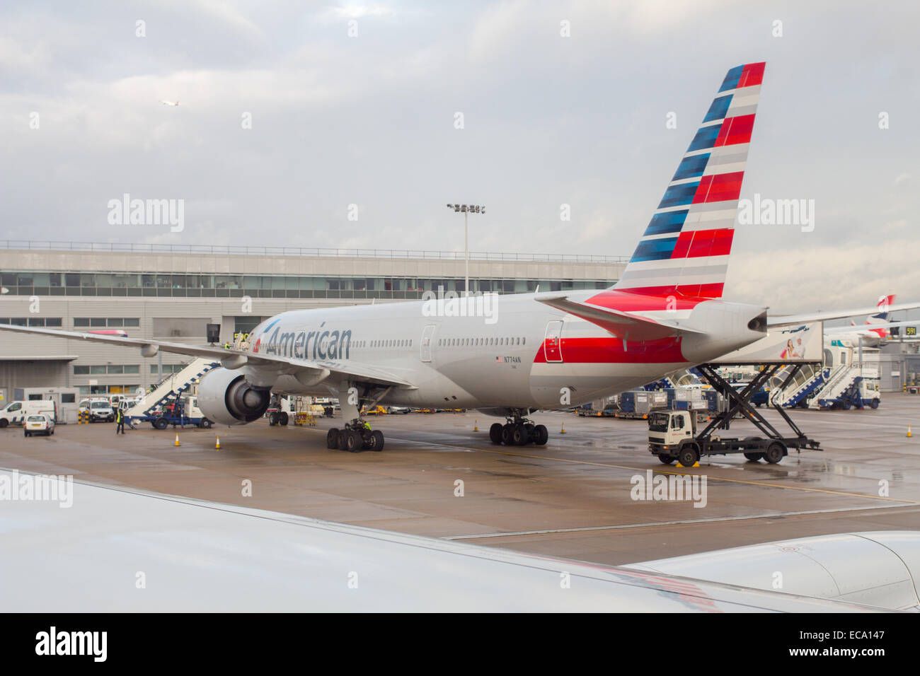 American Airlines plane on the apron at London Heathrow airport UK ...