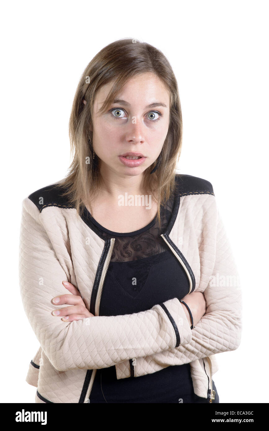 pretty young woman angry on white background Stock Photo - Alamy