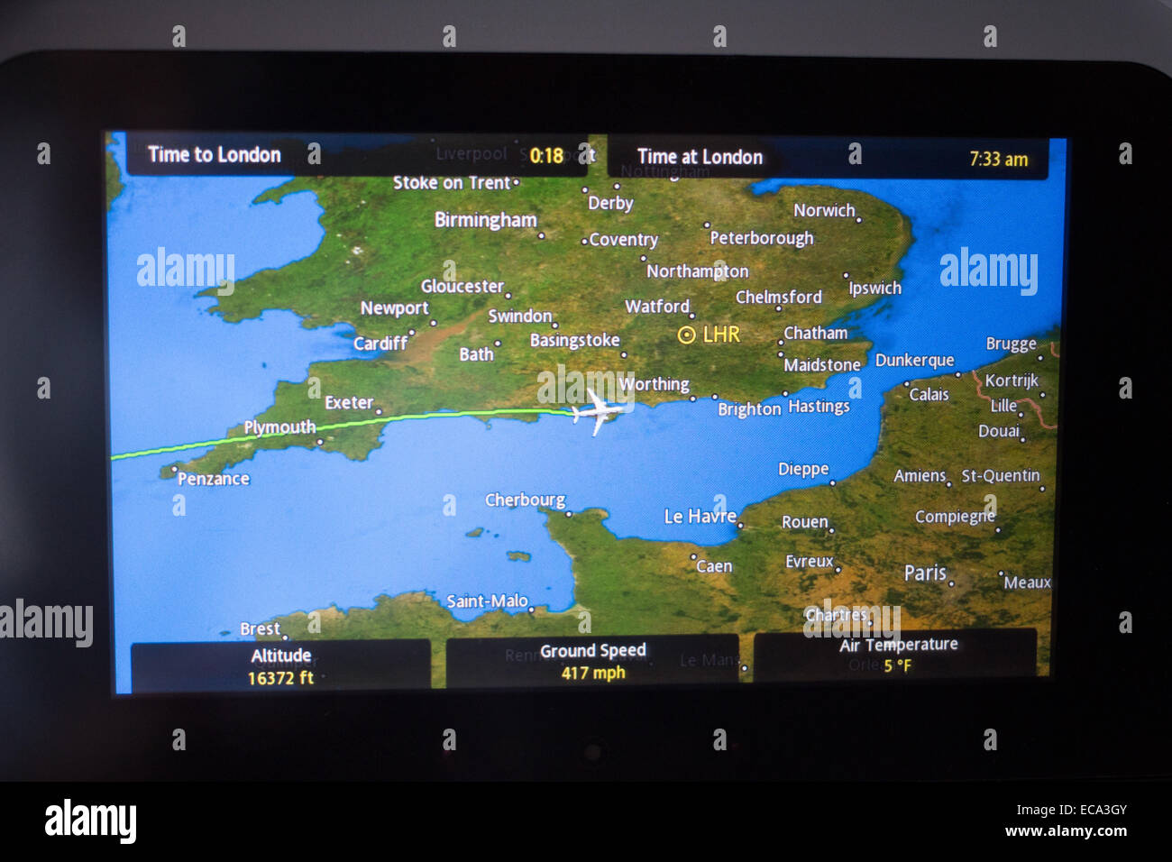 Airline Flight map showing plane position near Worthing UK Stock Photo ...