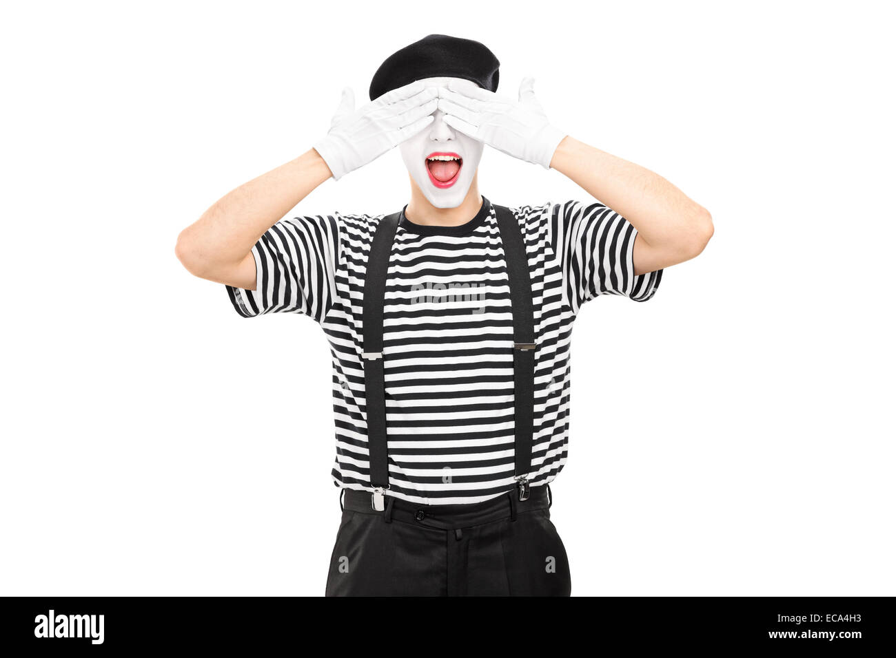 Mime artist covering his eyes isolated on white background Stock Photo ...