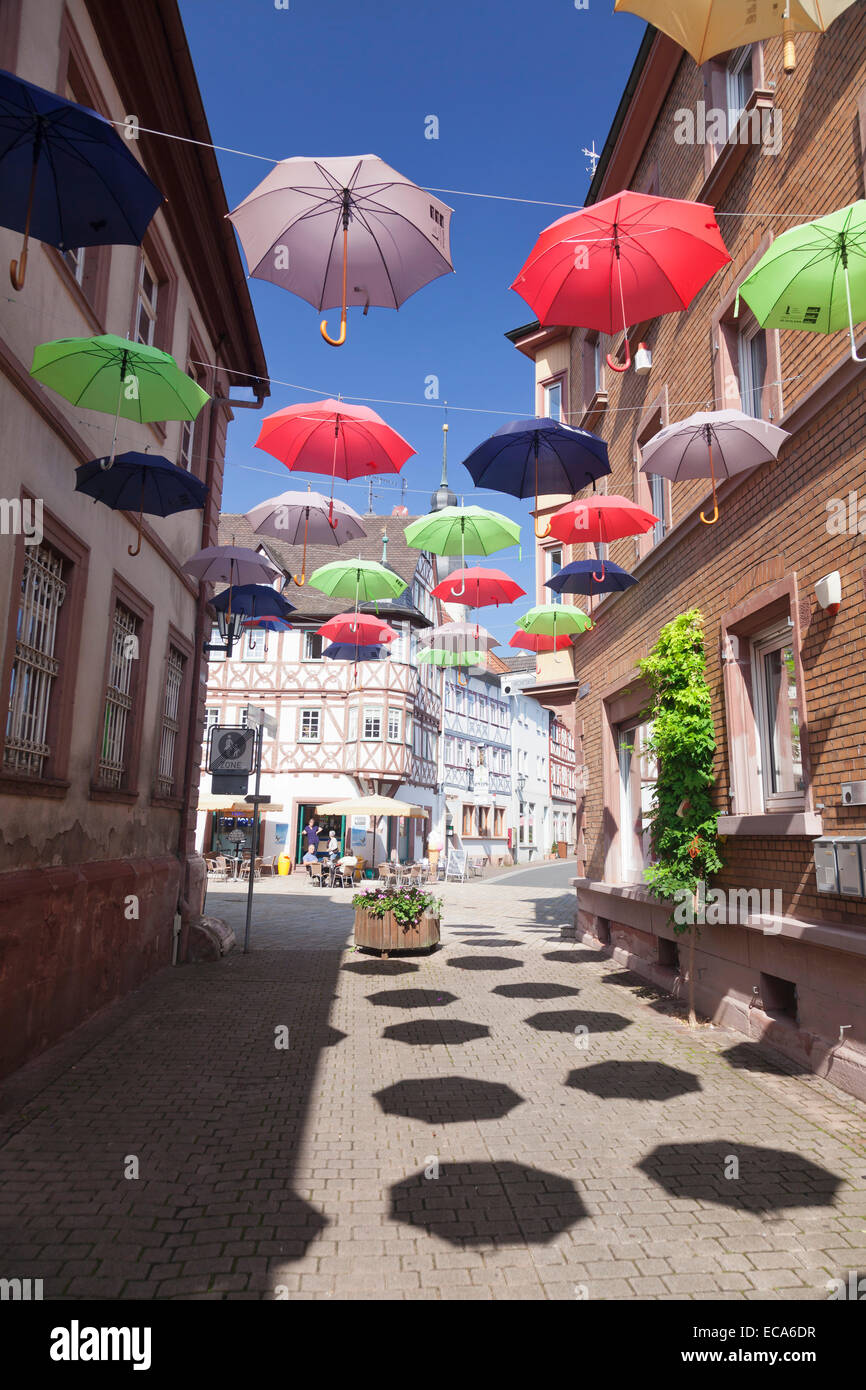 Altstadtgasse with colorful umbrellas, Lauda, Baden-Württemberg ...