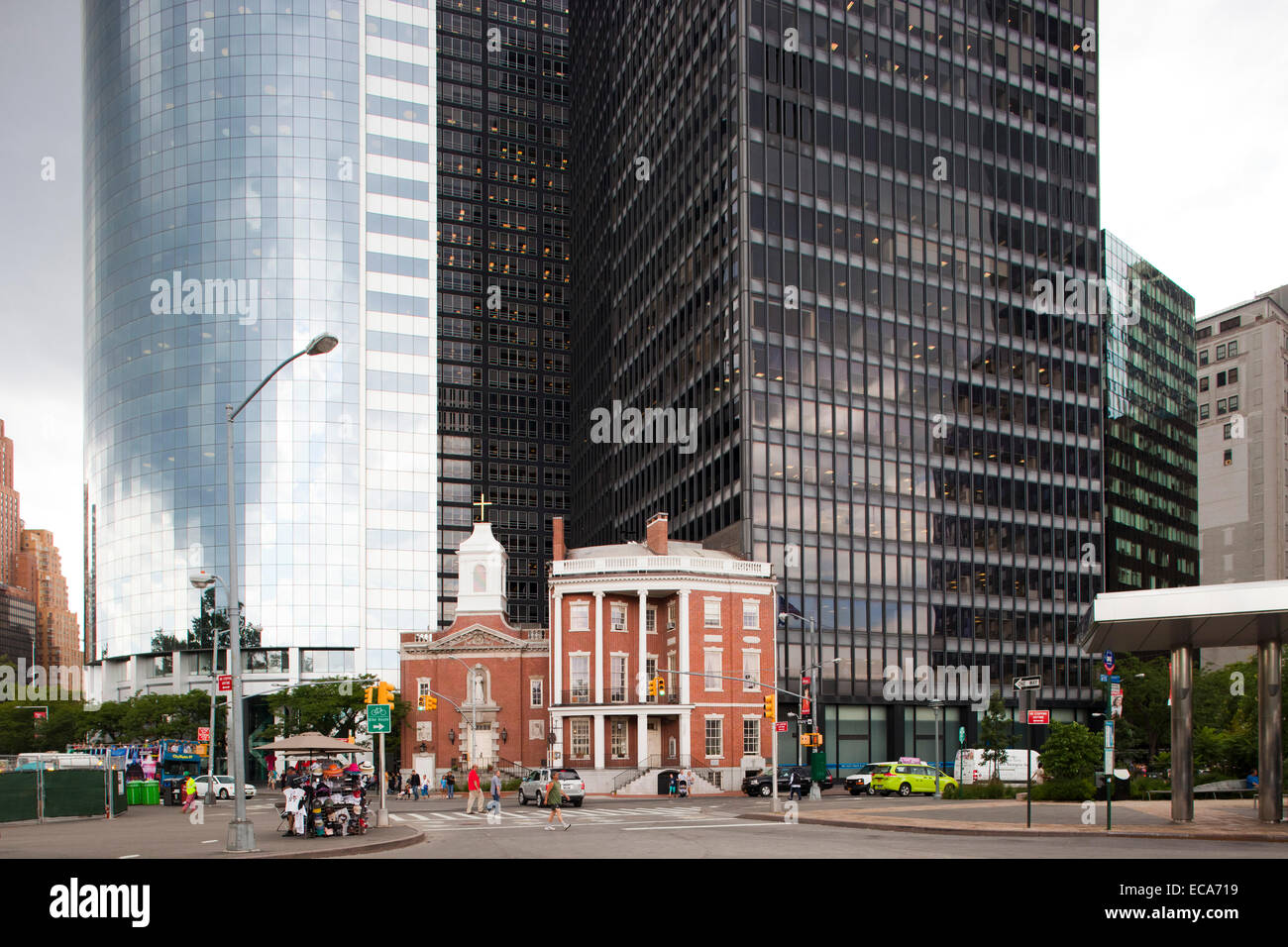 state street, church and skyscrapers, financial district, manhattan ...