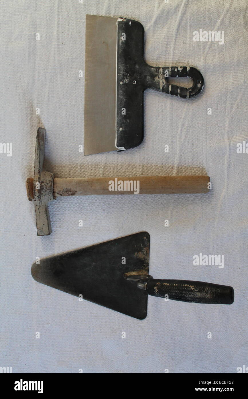 set of steel clean instruments masonry trowel , hammer, spatula Stock ...
