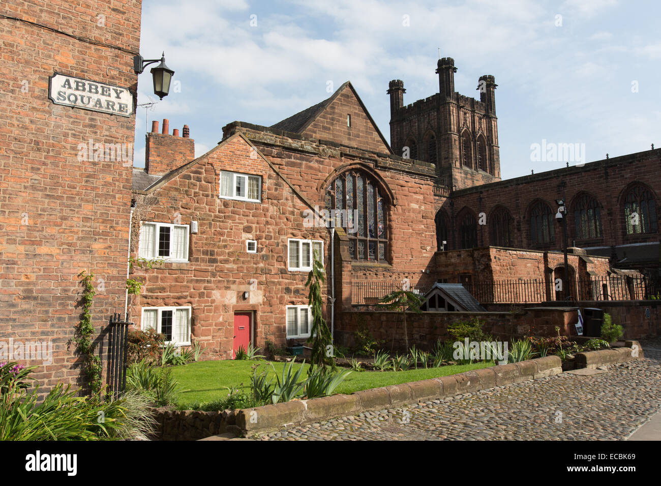 City of Chester, England. Picturesque view of Chester’s Abbey Square ...