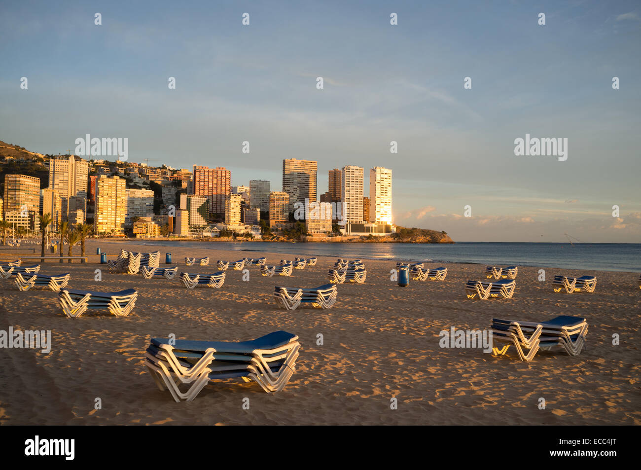 Benidorm beach under late afternoon sun, Costa Blanca, Spain Stock ...