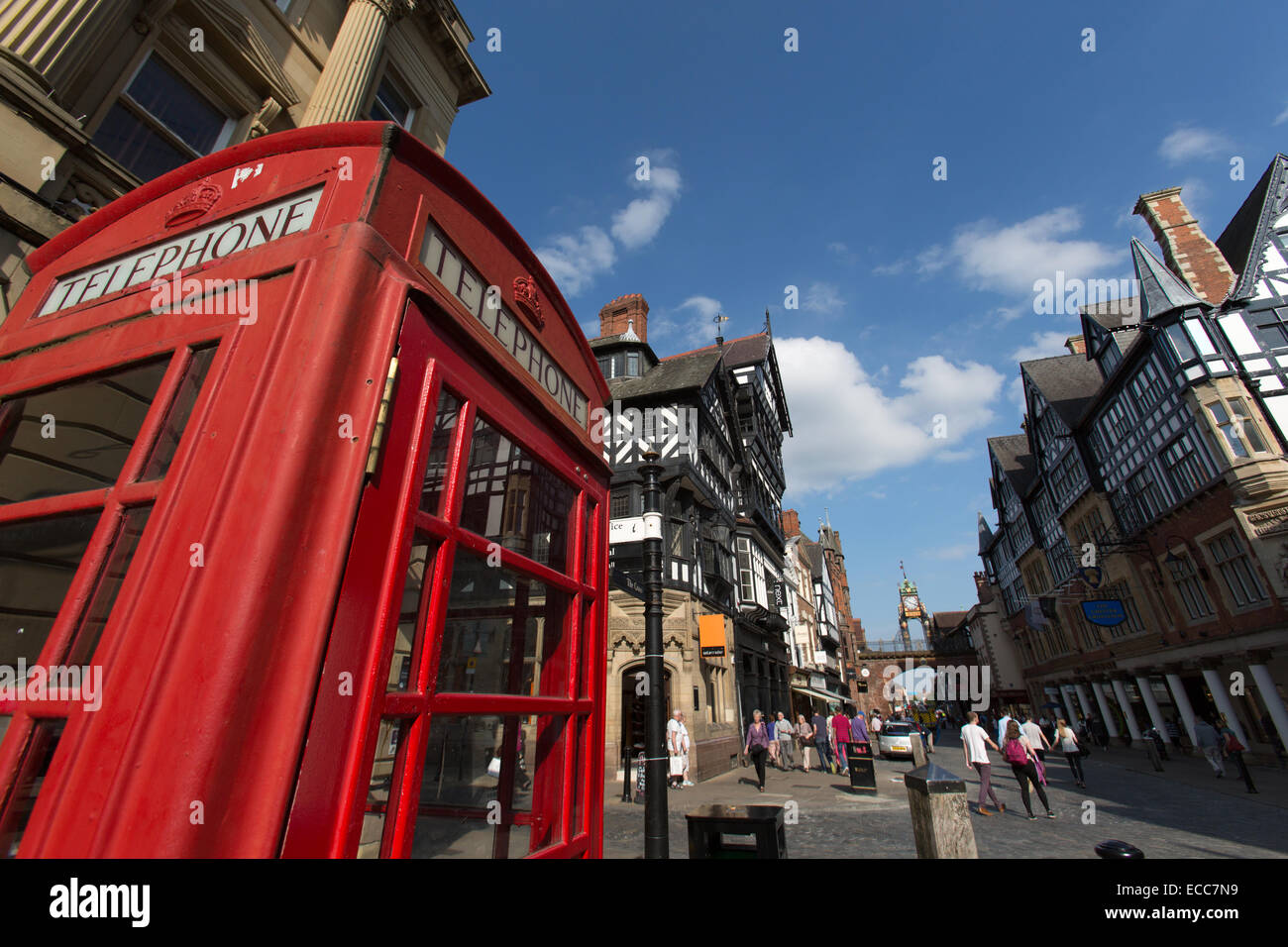 City of Chester, England. A red public telephone box on Chester’s ...