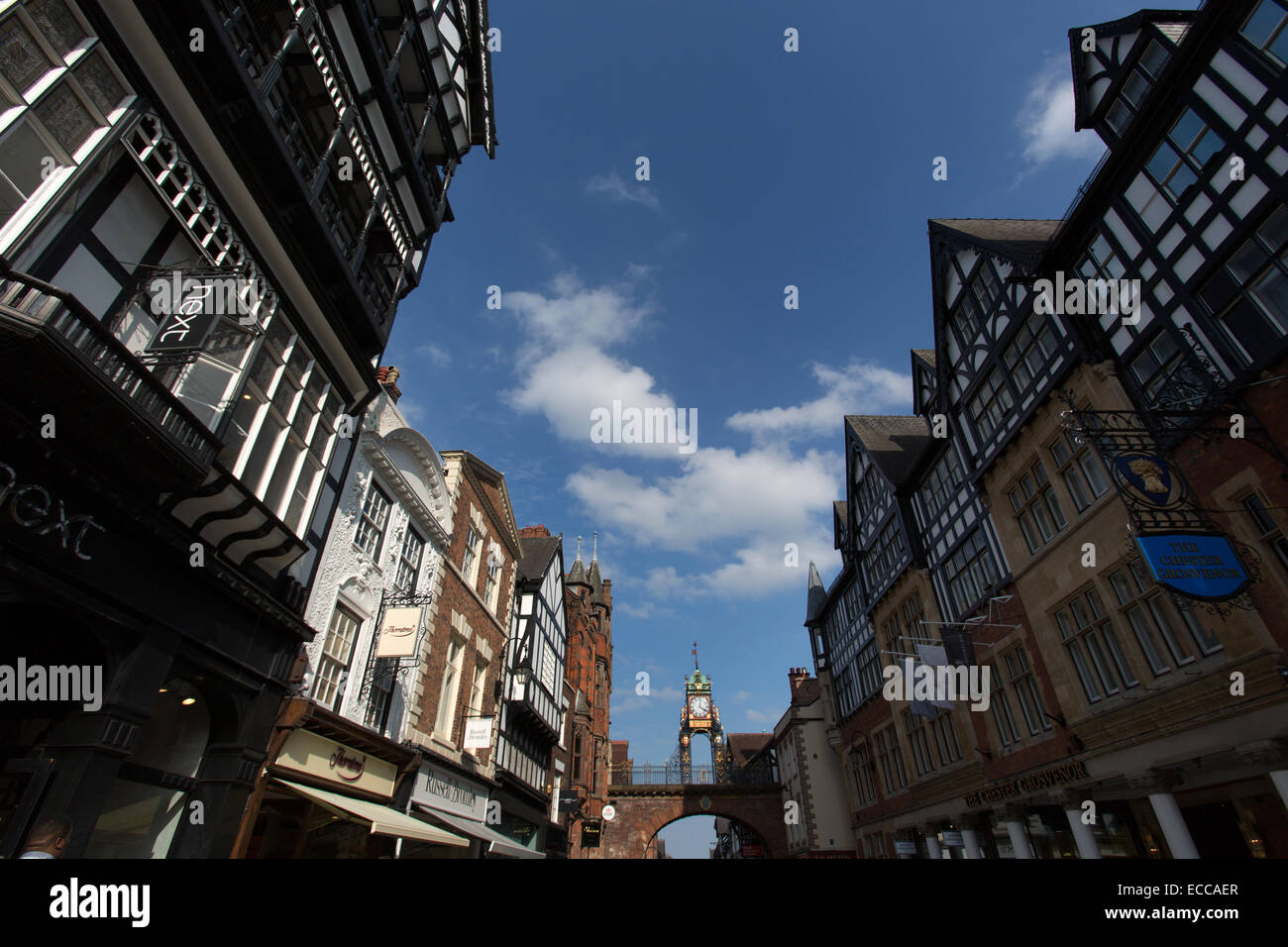 City of Chester, England. Picturesque angled view of shops on Eastgate ...