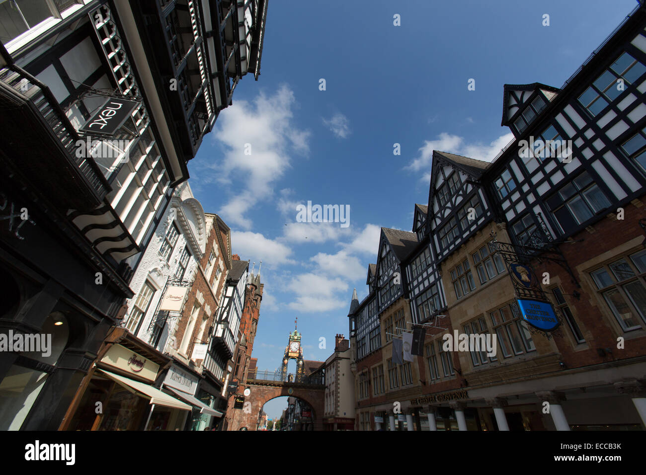 City of Chester, England. Picturesque angled view of shops on Eastgate ...